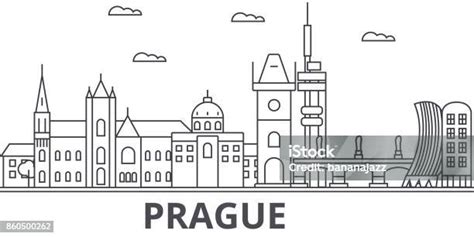 프라하 건축 선 스카이 라인 일러스트입니다 유명한 랜드마크 시티 명소와 선형 벡터 풍경 디자인 아이콘 편집 가능한 선 프리 강에 대한 스톡 벡터 아트 및 기타 이미지