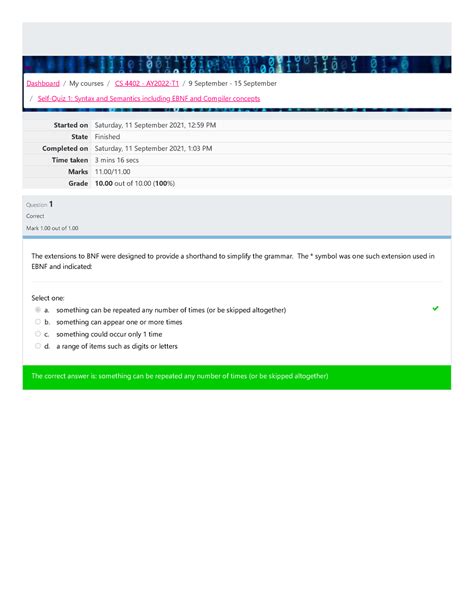 Self Quiz 1 Syntax And Semantics Including Ebnf And Compiler Concepts Attempt Review Started