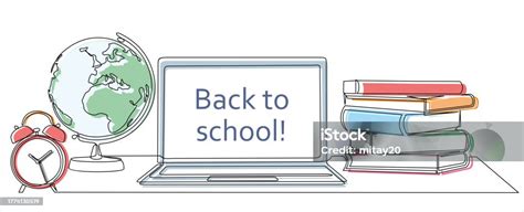 컴퓨터 노트북 지구본 책 더미 및 알람 시계의 하나의 연속 선 그리기 공부 공간 책상 개념 학교로 돌아 가기 단일 선 그리기