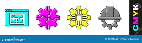 Set House Plan Gear Processor And Worker Safety Helmet And Gear Icon Vector Stock Vector