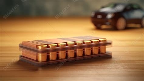 무료 혁신적인 Ev 배터리 리튬 이온 배터리 기술 개념을 보여주는 나무 책상이 있는 자동차 기호 Ppt 배경 Slidesdocs