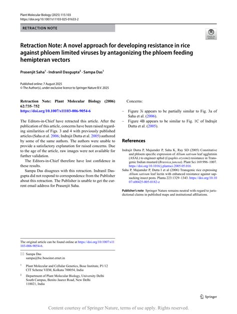 Retraction Note A Novel Approach For Developing Resistance In Rice