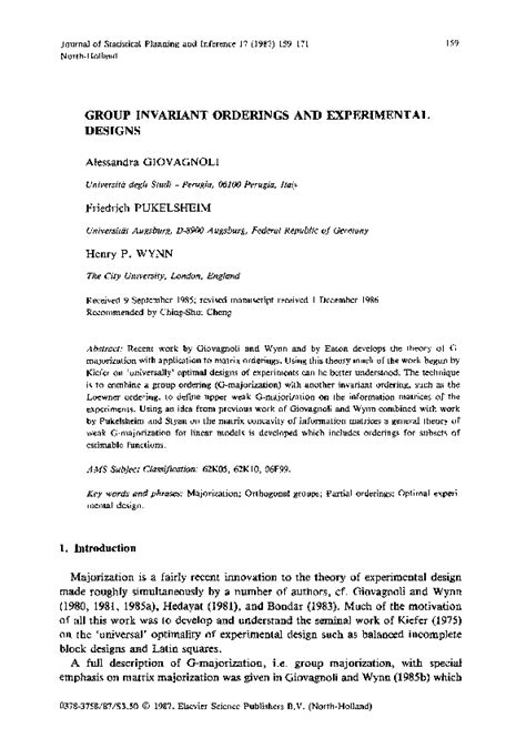 Pdf Group Invariant Orderings And Experimental Designs