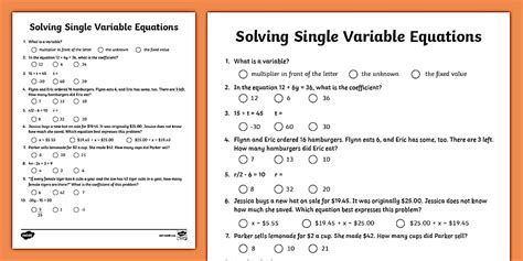 Sixth Grade Solving Single Variable Equations Quiz Twinkl