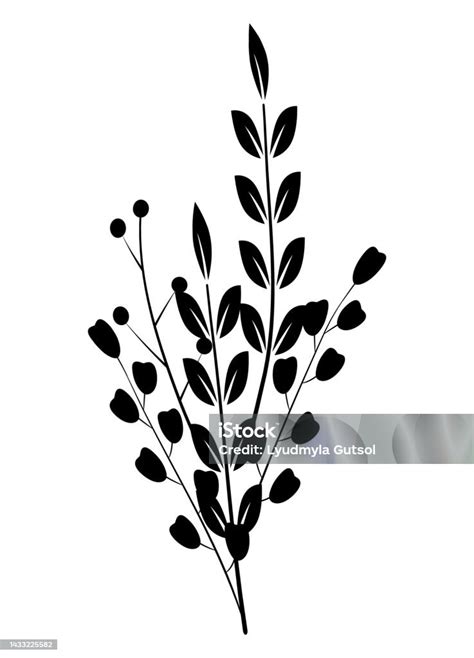 꽃 구성 나뭇 가지가있는 꽃다발의 검은 실루엣 다양한 모양의 잎 열매 디자인 요소 그래픽 드로잉 클립 아트 흰색 배경에 고립된 벡터 일러스트 레이 션 0명에 대한 스톡 벡터