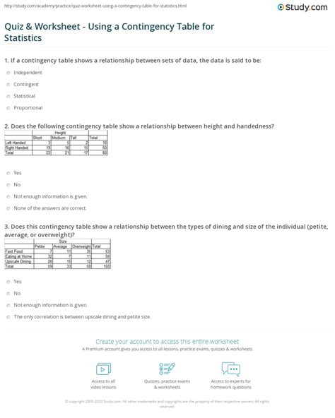 quiz and worksheet using a contingency table for statistics