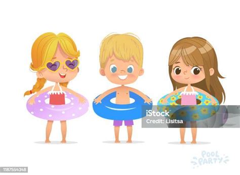 수영 휴가에 수영장 파티 시간 선글라스에 재미 소녀입니다 수영 운동 축제 열대 여름 방학 아름다운 고립 된 해변 플랫 만화 벡터