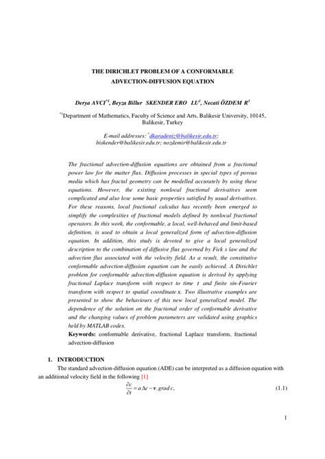 Pdf The Dirichlet Problem Of A Conformable Advection Diffusion Equation
