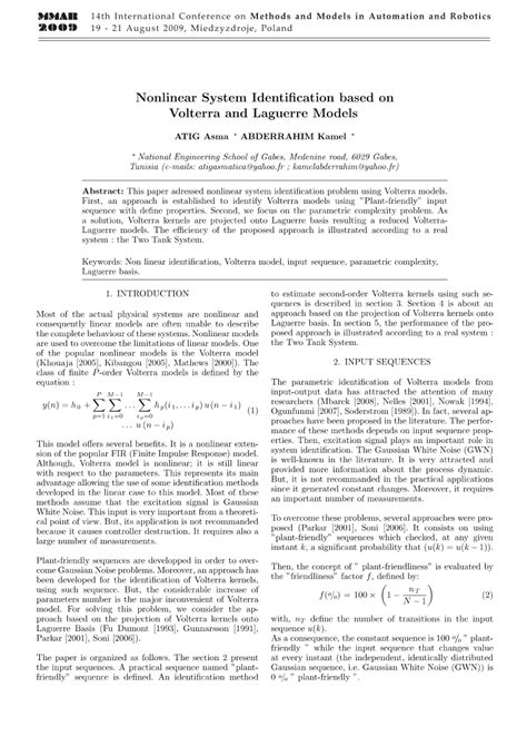 Pdf Nonlinear System Identification Based On Volterra And Laguerre Models