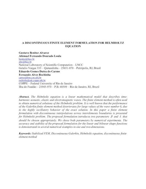 Pdf A Discontinuous Finite Element Formulation For Helmholtz