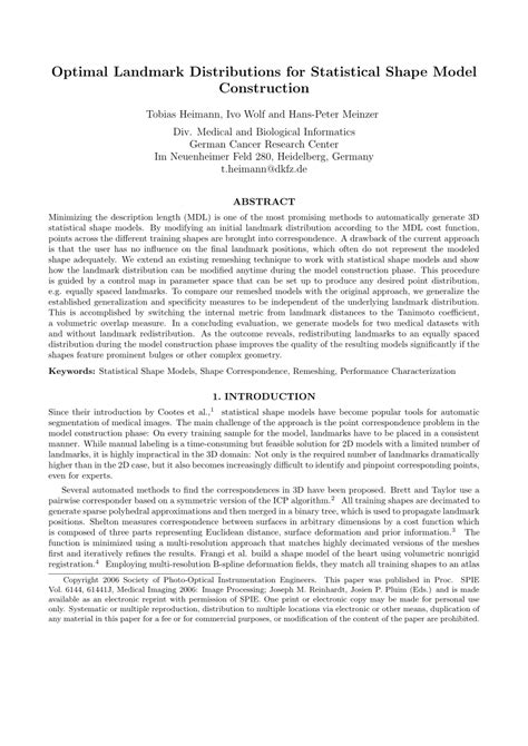 Pdf Optimal Landmark Distributions For Statistical Shape Model Construction Art No 61441j