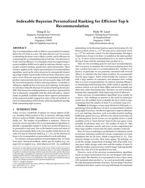 Pdf Indexable Bayesian Personalized Ranking For Efficient Top K Recommendation