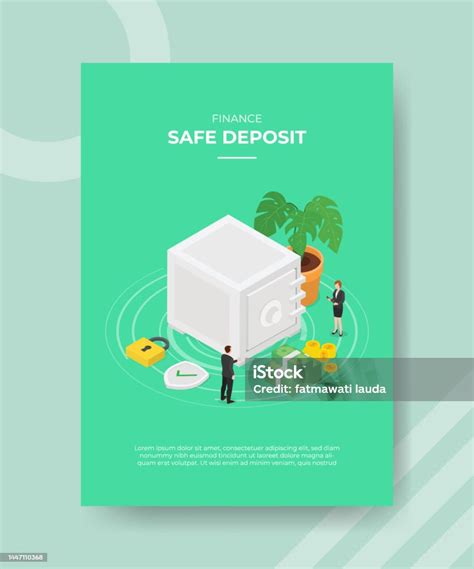 금융 안전 예금 사람들 남자 여자 주위에 서 금고 은행 돈 자물쇠 방패 공장 템플릿 전단지 및 인쇄 배너 커버 아이소메트릭 3d 평면 스타일 등측투영법에 대한 스톡 벡터