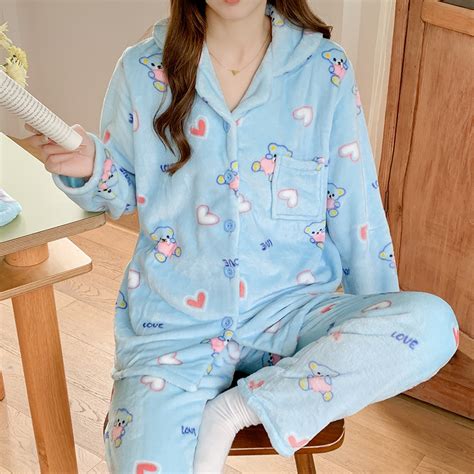 블루하트미니곰돌이캐릭터두꺼운 긴팔 겨울 잠옷 라운지웨어 세트 겨울잠옷 파자마