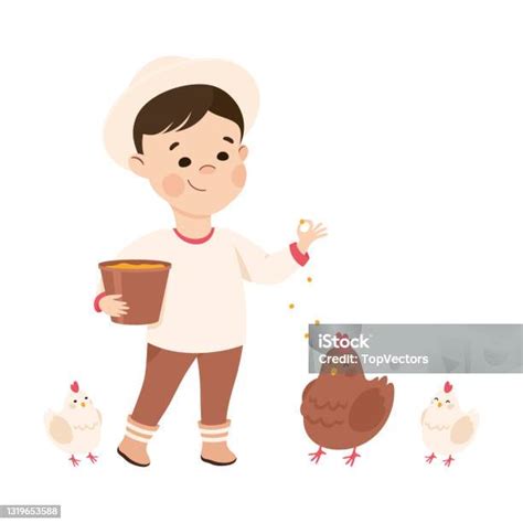 농부 직업 벡터 일러스트를 나타내는 곡물로 가축을 먹이는 어린 소년 놀기에 대한 스톡 벡터 아트 및 기타 이미지 놀기 명랑한 몸짓 Istock