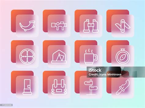 세트 라인 스위스 군용 칼 방탄 조끼 커피 컵 도로 교통 표지판 관광 텐트 쌍안경 사냥 경적 및 스나이퍼 광학 시력 아이콘 벡터