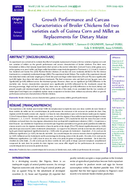 Pdf Growth Performance And Carcass Characteristics Of Broiler Chickens Fed Two Varieties Each