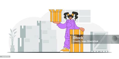 매력적인 여자가 상자를 들고 있다 소포와 물품의 운송을 보여주는 예술 작품 가상현실에 대한 스톡 벡터 아트 및 기타 이미지 가상현실 배달 배달부 Istock