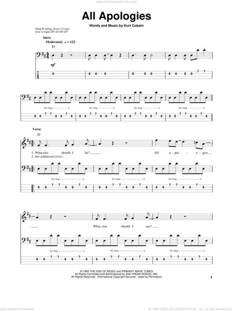 All Apologies Sheet Music For Bass Tablature Bass Guitar V2