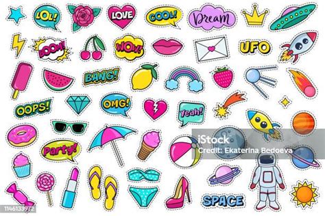 현대 귀여운 다채로운 패치 세트입니다 체리 딸기 박 입술 장미 꽃 무지개 하트 만화 거품 등의 패션 패치 만화 80s90 년대 스타일 스티커에 대한 스톡 벡터 아트 및 기타