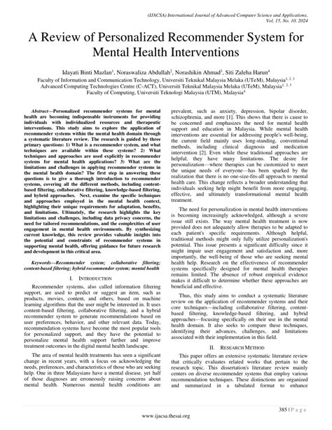 Pdf A Review Of Personalized Recommender System For Mental Health