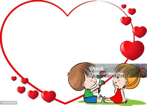 벡터 만화 소년과 소녀 행복 발렌타인 데이 카드 테두리 프레임 배경 귀여운에 대한 스톡 벡터 아트 및 기타 이미지 귀여운 디자인 로맨스 Istock