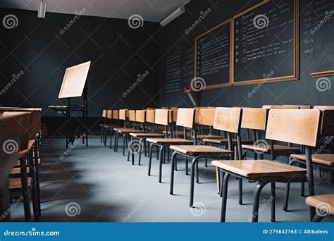 Empty Lecture Hall With Wooden Chairs And Blackboard On The Wall Stock Image Image Of