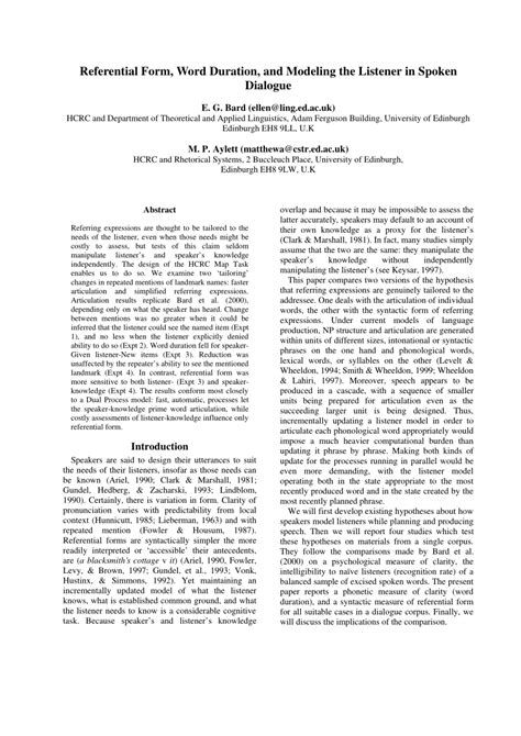 Pdf Referential Form Word Duration And Modeling The Listener In Spoken Dialogue