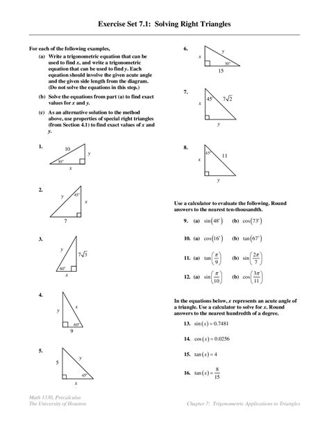 Exercise Set 7 Solving Right Triangles Precalculus Math 1330 Docsity