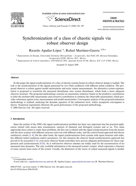 Pdf Synchronization Of A Class Of Chaotic Signals Via Robust Observer Design