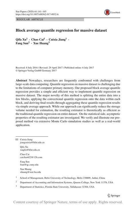 Block Average Quantile Regression For Massive Dataset Request Pdf