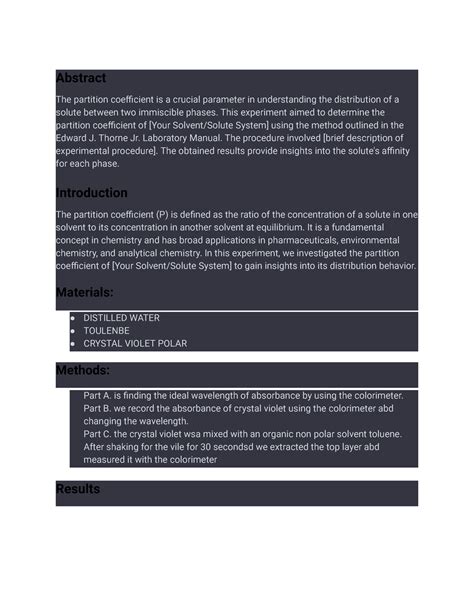 Lab Report Partition Coefficient Abstract The Partition Coefficient Is A Crucial Parameter In