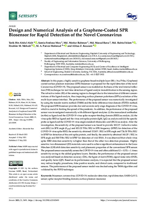 Pdf Design And Numerical Analysis Of A Graphene Coated Spr Biosensor For Rapid Detection Of