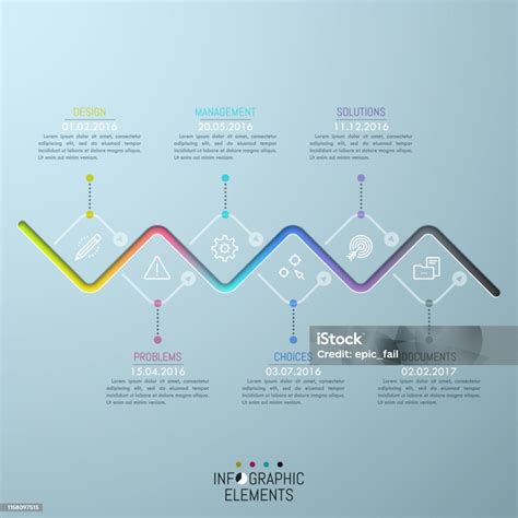 지그재그 수평 타임 라인과 텍스트 상자와 날짜 표시점선으로 연결된 6 개의 얇은 선 아이콘 6에 대한 스톡 벡터 아트 및 기타