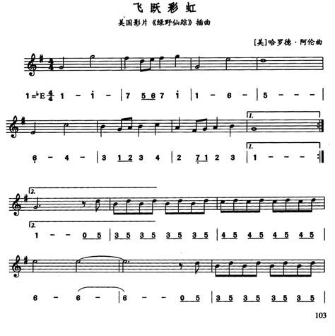 飞越彩虹 美国电影 绿野仙踪 插曲 线 歌谱 简谱