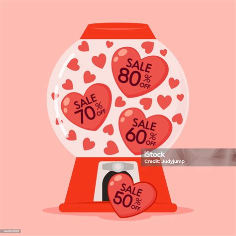 분홍색 배경에 빨간색 파란색과 흰색 풍선껌 하트로 채워진 자동 판매기의 심장 투명 유리로 된 그림 발렌타인 데이 판매 3차원 형태에 대한 스톡 벡터 아트 및 기타 이미지