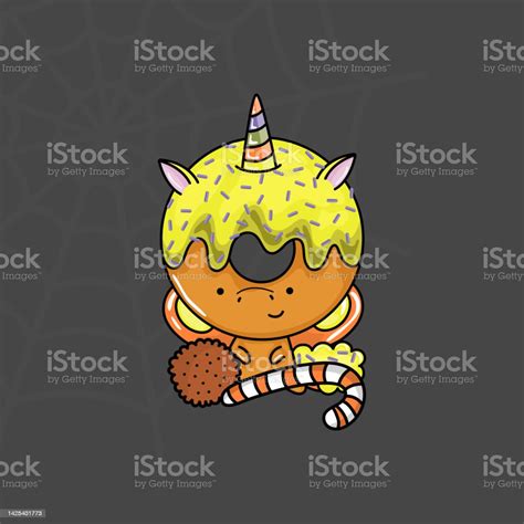 클립 아트 할로윈 유니콘 멀티 컬러와 흑백을 설정하십시오 카와이 클립 아트 할로윈 유니콘 도넛 과자와 함께 카와이 할로윈 캐릭터의 귀여운 벡터 일러스트레이션 10월에 대한