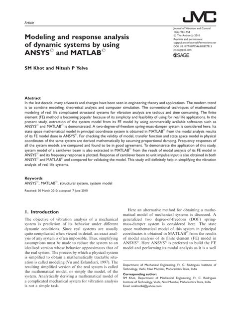 Modeling And Response Analysis Of Dynamic Systems By Using Ansys And