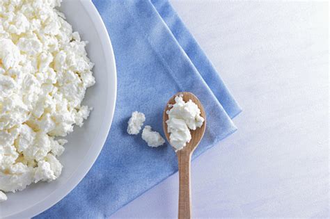 코 티 지 치즈에 블루 냅킨 나무 숟가락 흰 접시에 치즈 다이어트를 위한 부드러운 치즈 아침 식사를 위한 건강 한 유제품 0명에 대한 스톡 사진 및 기타 이미지 Istock