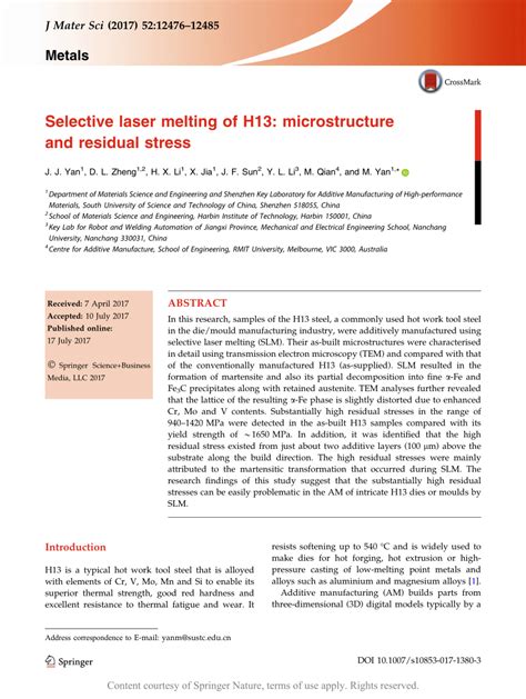 Selective Laser Melting Of H13 Microstructure And Residual Stress