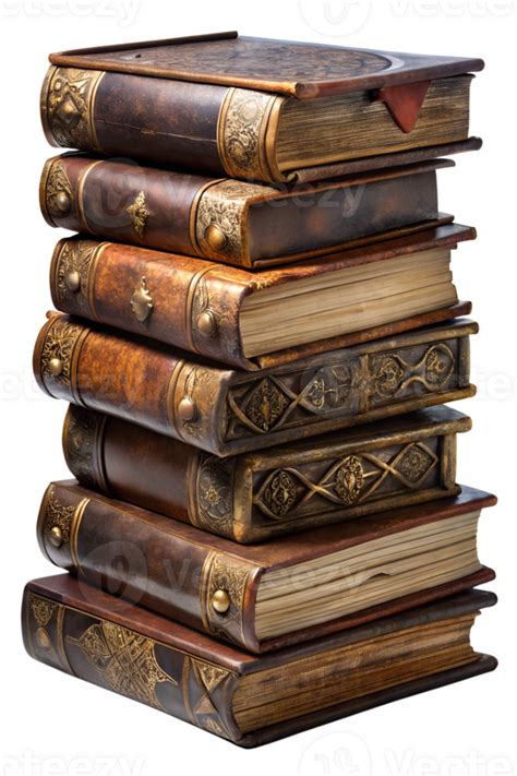 Stacked Vintage Leather Bound Books On A Table 51555414 Png