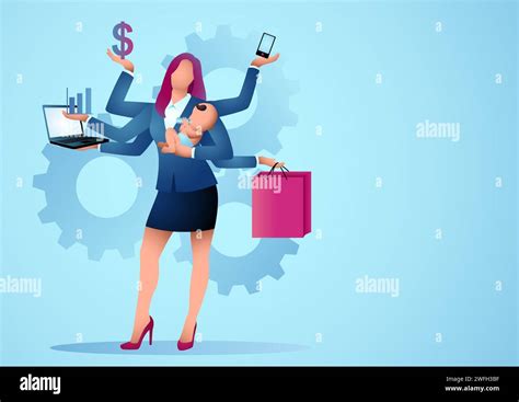 Business Concept Vector Illustration Of A Businesswoman With Many Hands Concept For