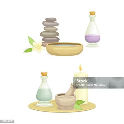 스파 오브젝트 세트 부드러운 조약돌 박격포와 유봉 향기 촛불 뷰티 루틴 및 스킨 케어 벡터 일러스트레이션 0명에 대한 스톡 벡터 아트 및 기타 이미지 Istock