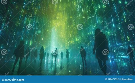 The Group People Try Searching Something In Digital Matrix Binary Code