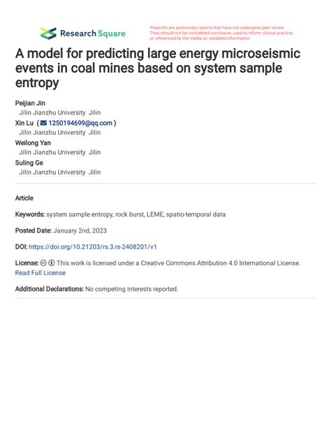 Pdf A Model For Predicting Large Energy Microseismic Events In Coal