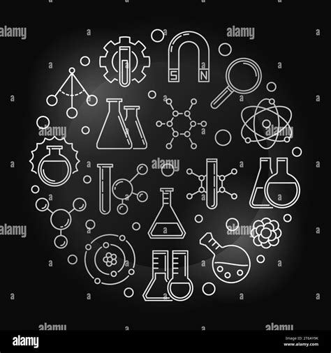 Chemical Physics Vector Silver Round Illustration In Outline Style On Dark Background Stock Chemical Physics Vector Silver Round Illustration In Outline Style On Dark Background Stock