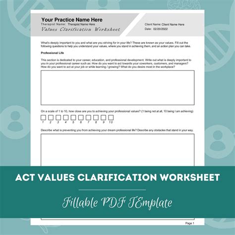 Act Values Clarification Worksheet Editable Fillable Pdf For Counselors Psychologists