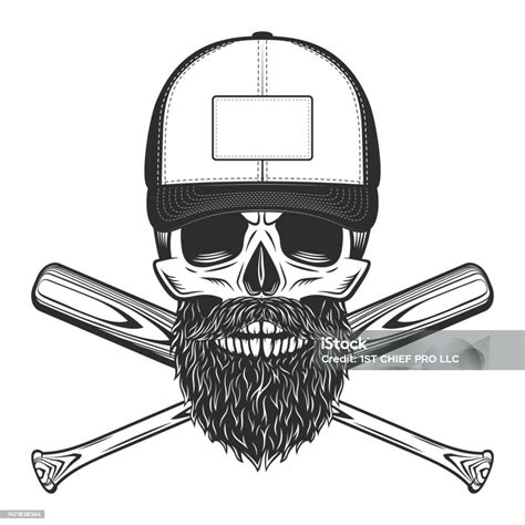 수염과 콧수염이 있는 모자에 해골 야구 방망이 클럽 엠블럼 디자인 요소 빈티지 흑백 스타일 격리된 벡터 일러스트레이션의 템플릿 사람 얼굴에 대한 스톡 벡터 아트 및 기타