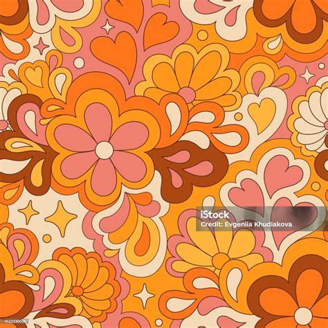 레트로 그루비 60 년대 70 년대 벡터 원활한 패턴 패키지 브랜딩 섬유 문구류 포장지 기프트 카드 모든 표면을위한 꽃과 하트가있는 구식 사이키델릭 히피 디자인 1960