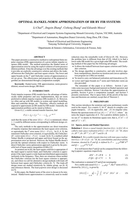 Pdf Optimal Hankel Norm Approximation Of Iir By Fir Systems